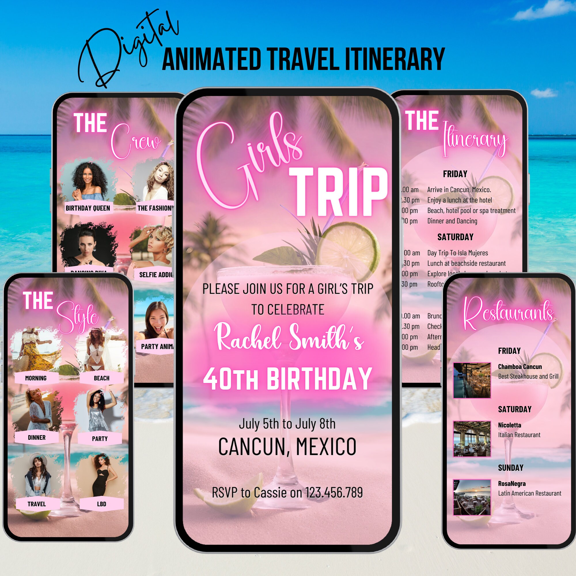 Pink Girls Trip Itinerary Invitation. Animated Digital Birthday Weekend ...