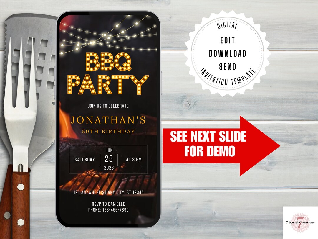 BBQ Party Invitation. Marquee Lights Barbeque Digital Invite, Perfect ...