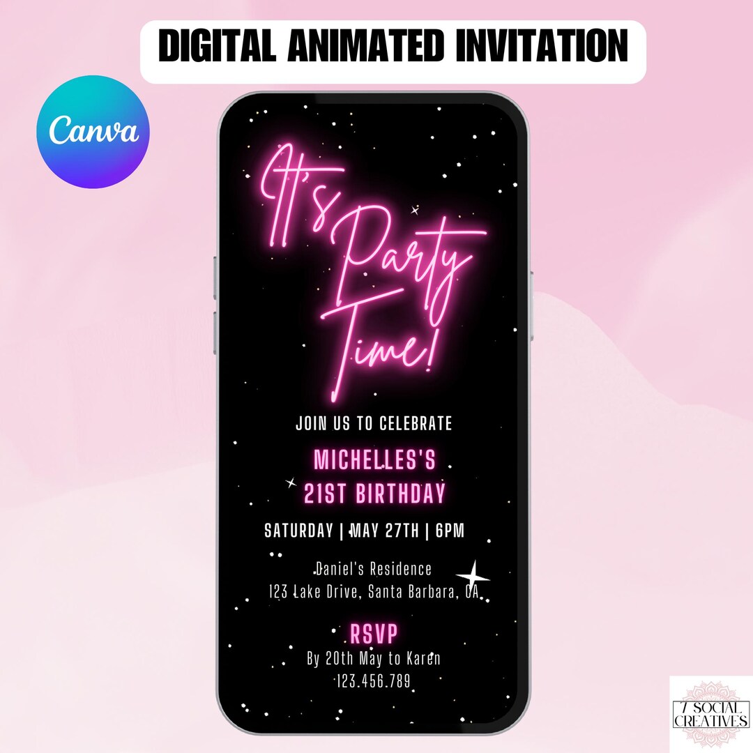 It's Party Time Birthday Invitation. Digital Animated Girls Neon Pink ...