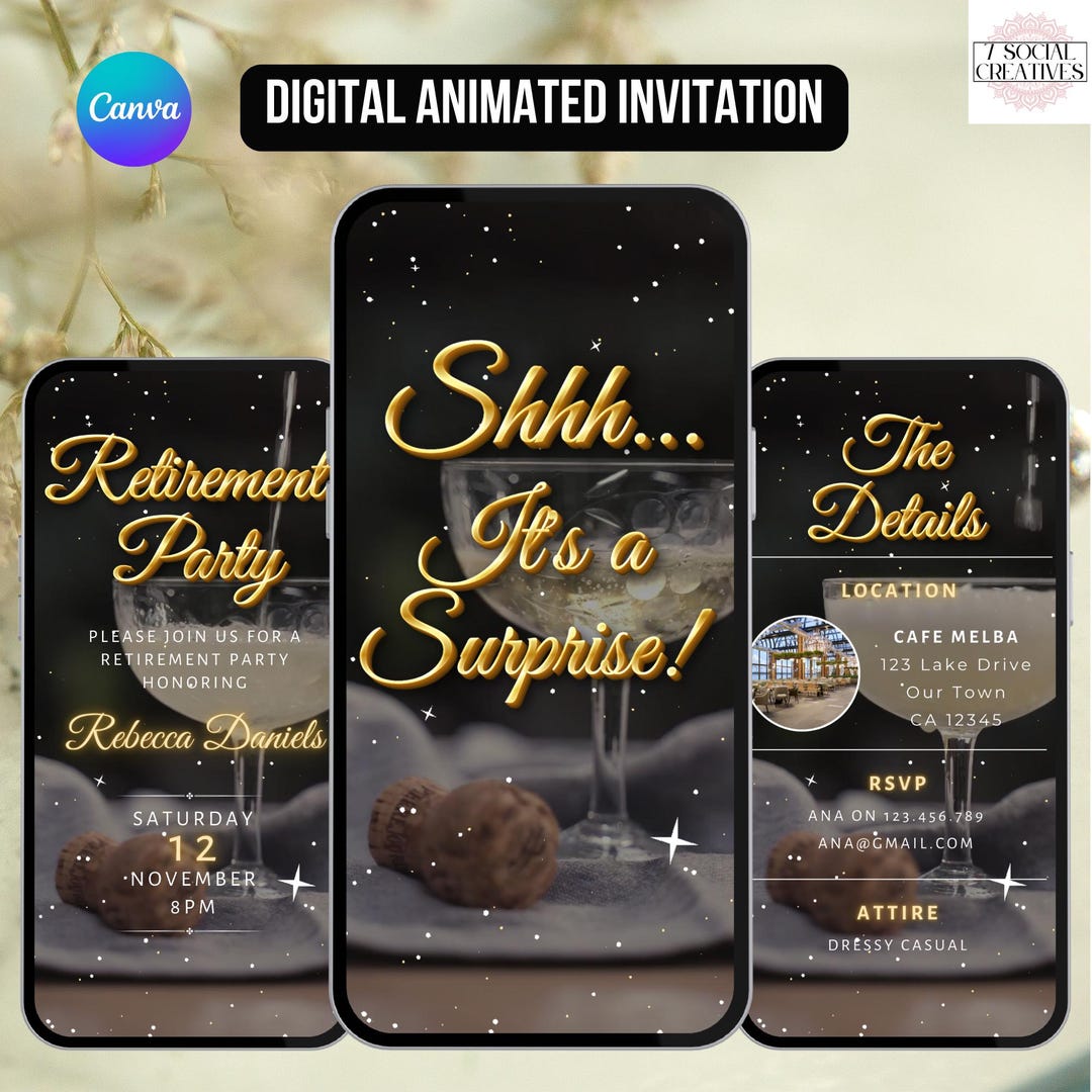 Surprise Retirement Party Invite. Digital Animated Black and Gold ...