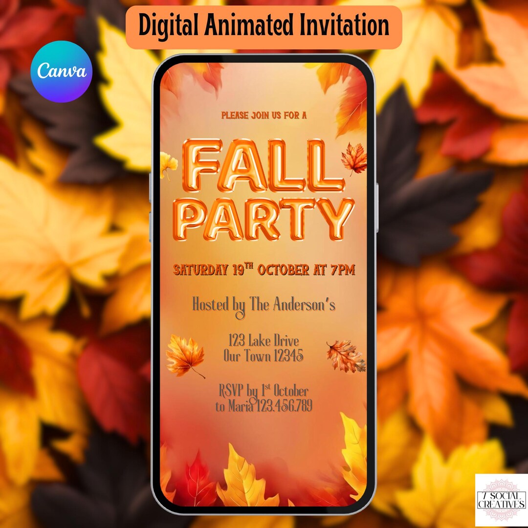 Fall Harvest Party Invitation. Digital Autumn Leaves Theme Invite ...
