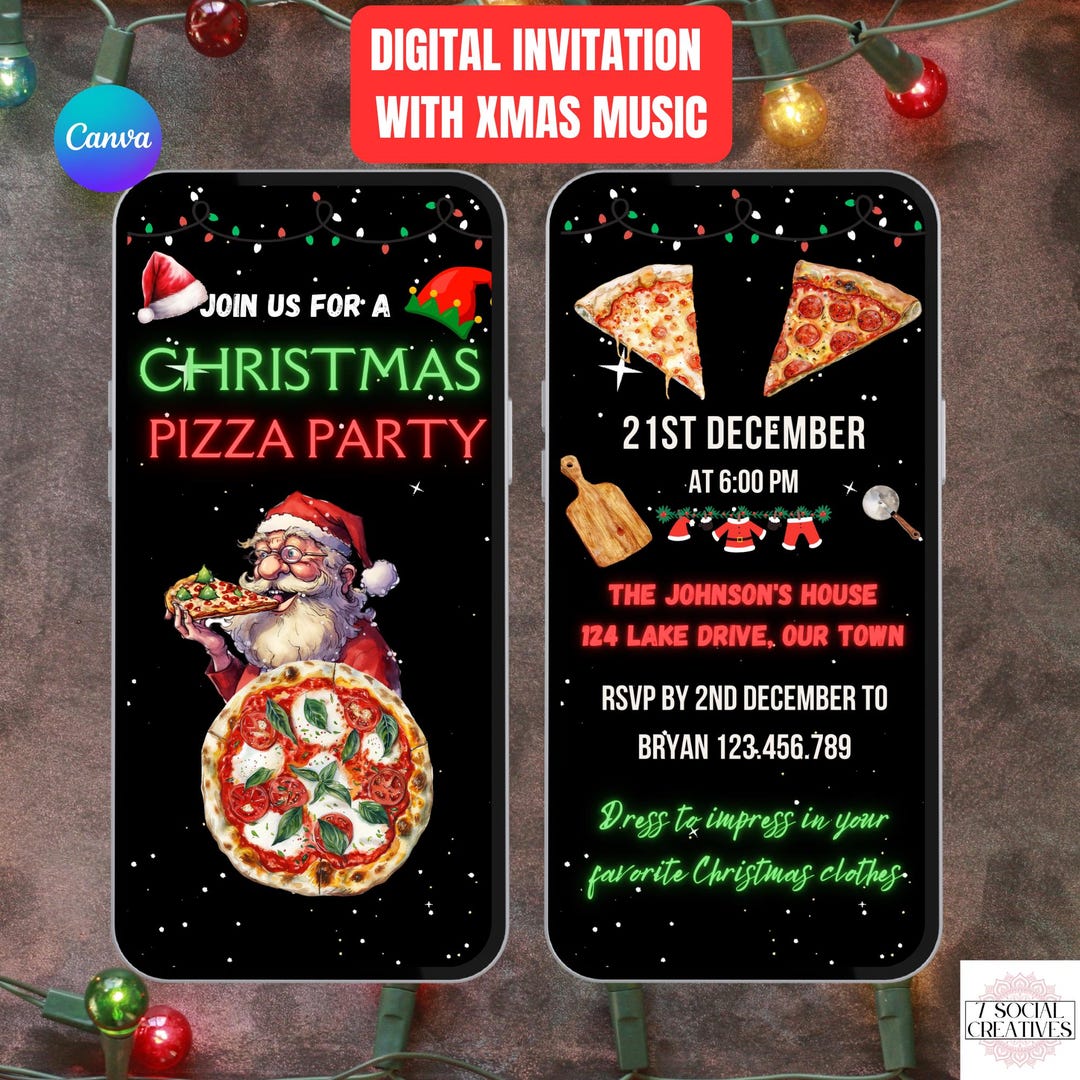 Christmas Pizza Party Invitation. Digital Animated Kids, Teen Adults ...