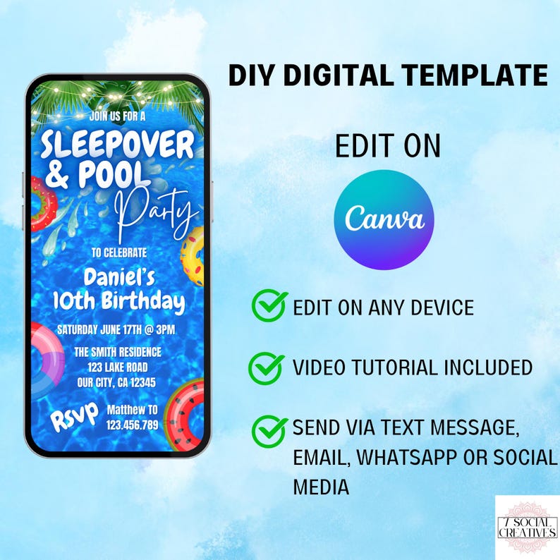 Sleepover and Pool Party Invitation. Digital Animated Boys Blue and ...