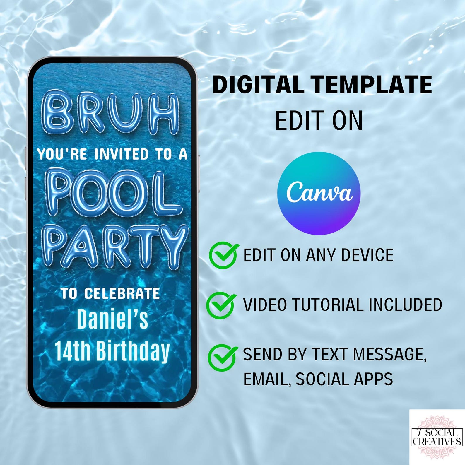 Bruh Pool Party Invitation. Digital Boys Birthday Summer Invite. Blue ...