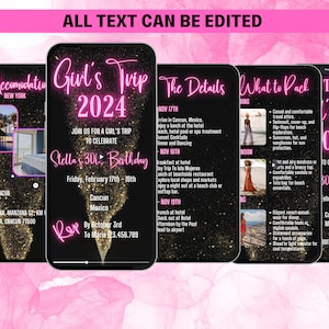 Girls Trip Itinerary Invitation. Pink Animated Digital Birthday Weekend ...