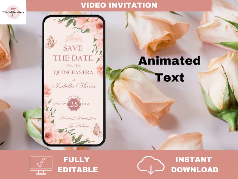Quinceañera Save the Date Invitation Pink Floral. Animated Digital ...