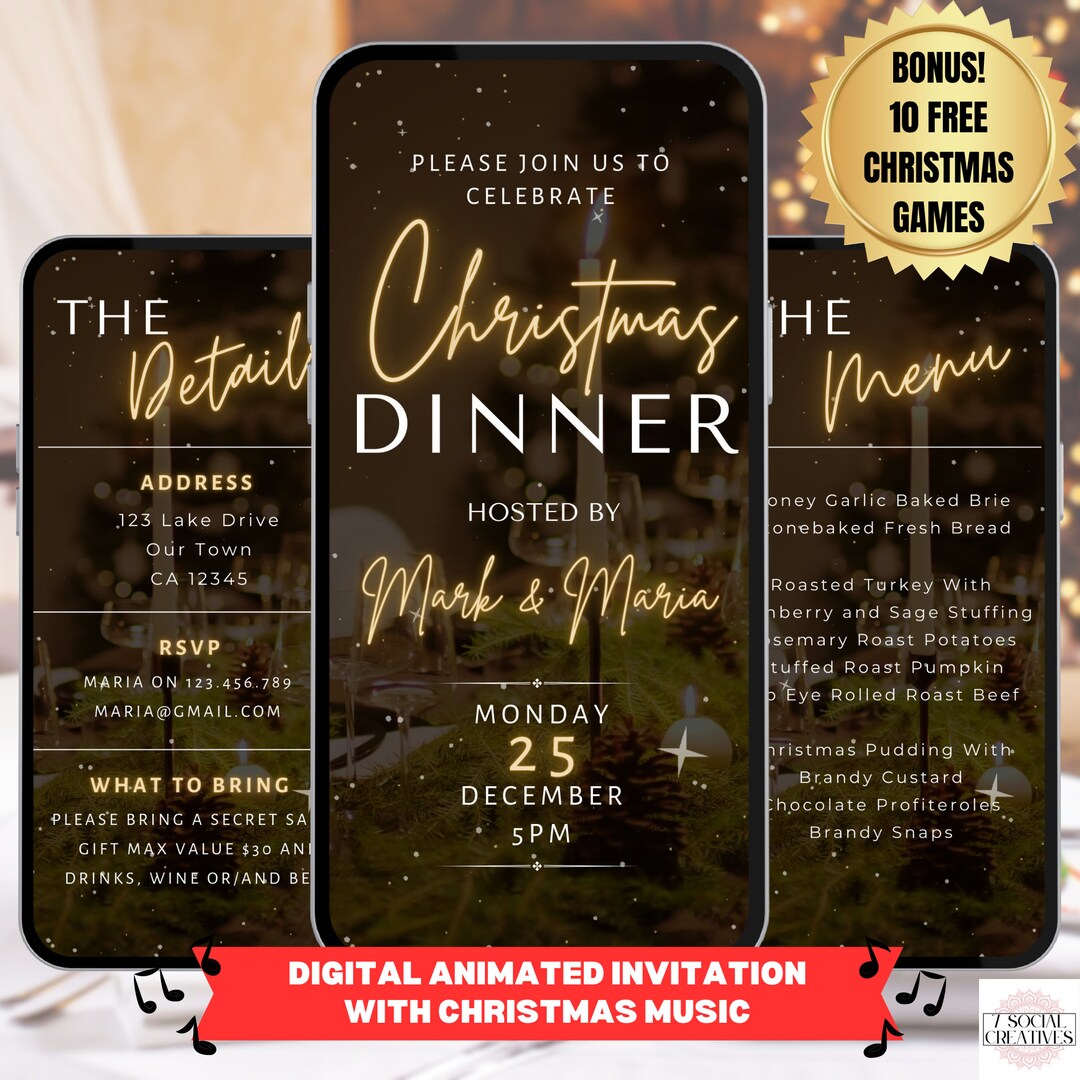Digital Christmas Dinner Invitation With Menu. Animated Video Xmas ...
