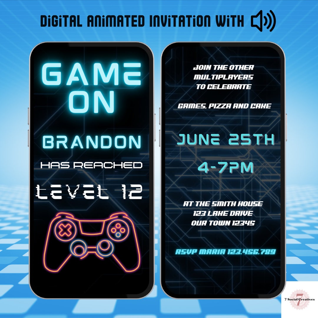 Boys Gaming Invitation. Animated Digital Teen Boy Birthday Invite. Neon ...