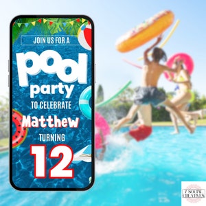 Boys 12th Birthday Pool Party Invitation in Blue. Digital Summer Kids ...
