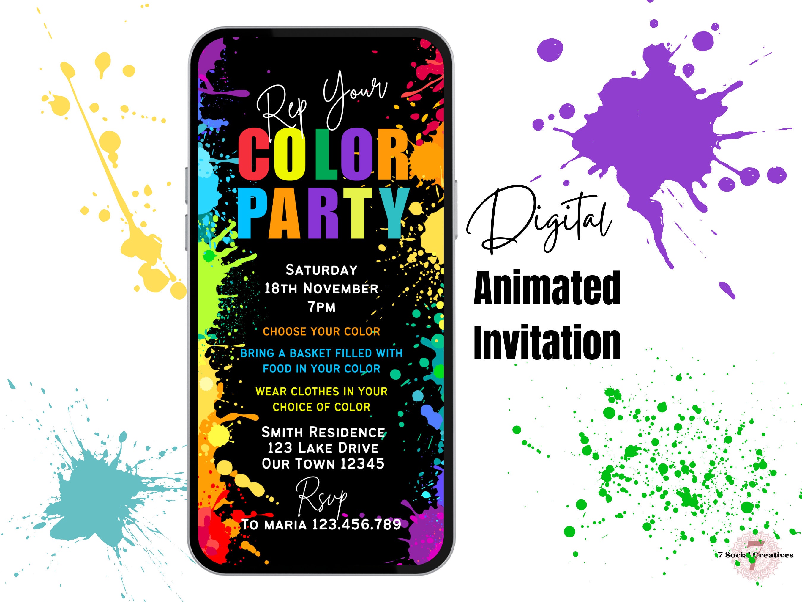 Color Party Invite. Digital Animated Tik Tok Challenge Platter or ...