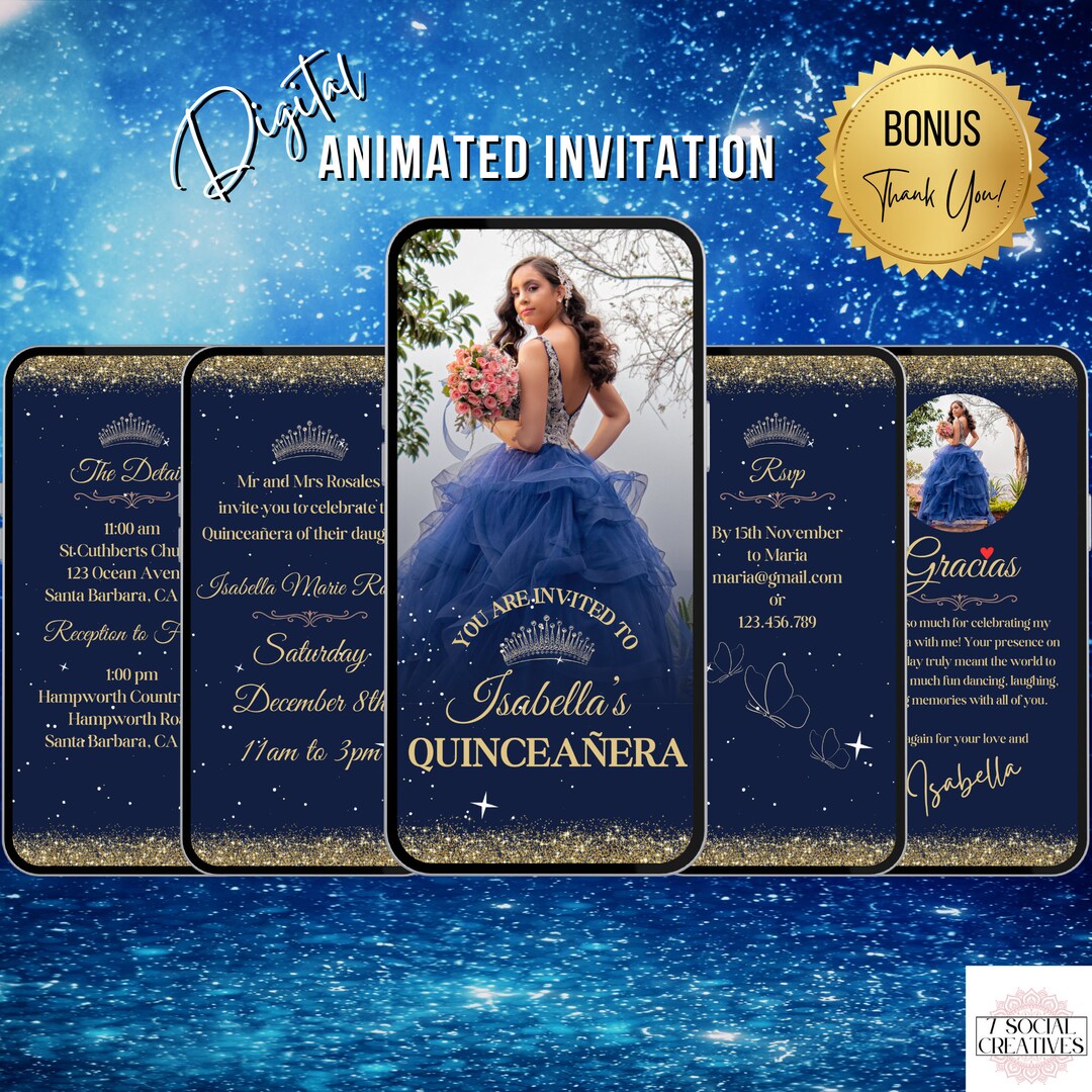 Navy Blue Quinceañera Invitation With Photo. Digital Mis Quince Anos ...