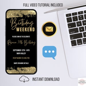 Birthday Weekend Itinerary Invitation Black and Gold. Digital Animated ...
