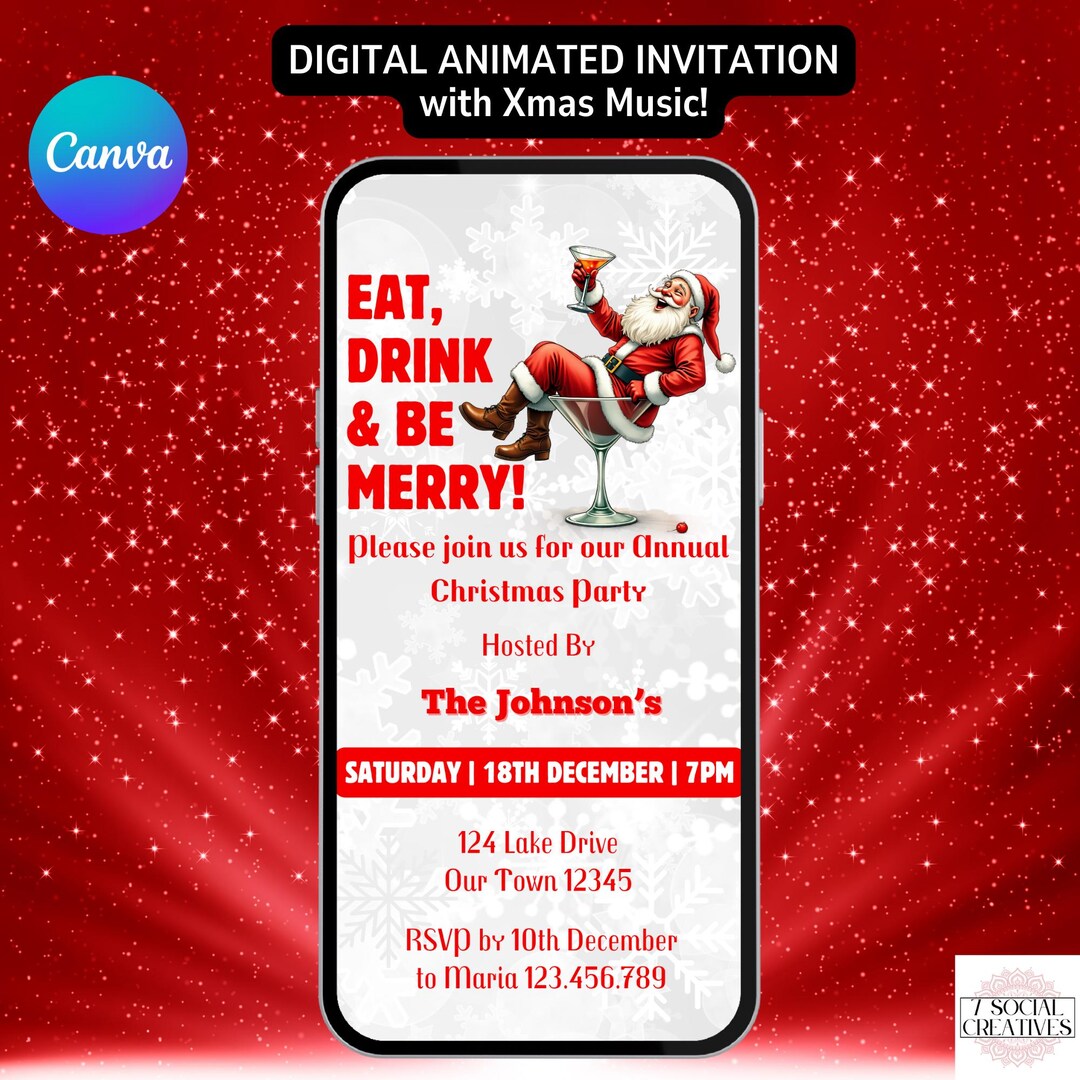 Fun Santa Christmas Party Invitation. Digital Santa Martini Theme Adult ...