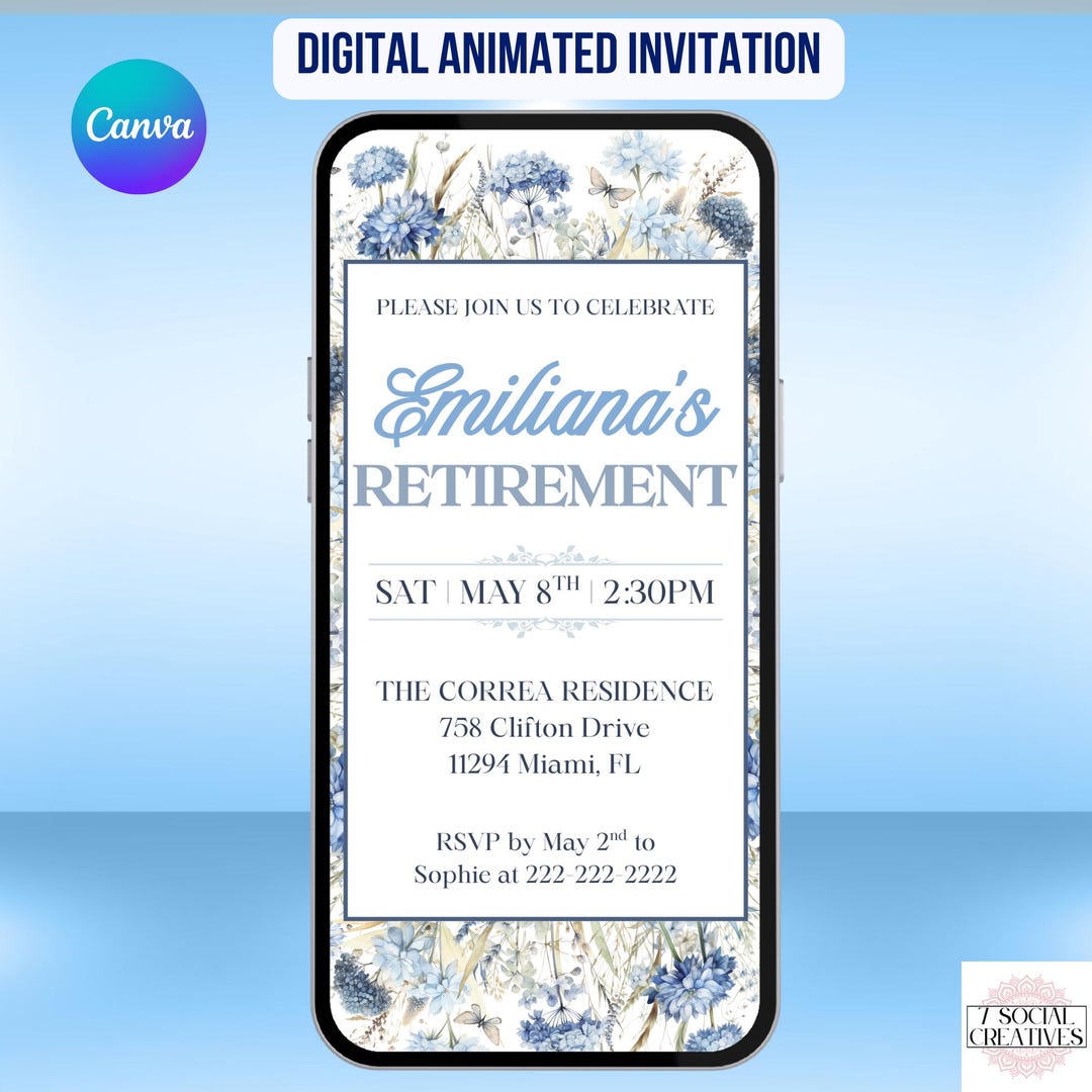 Floral Retirement Invitation. Digital Animated Woman's Ladies Blue ...
