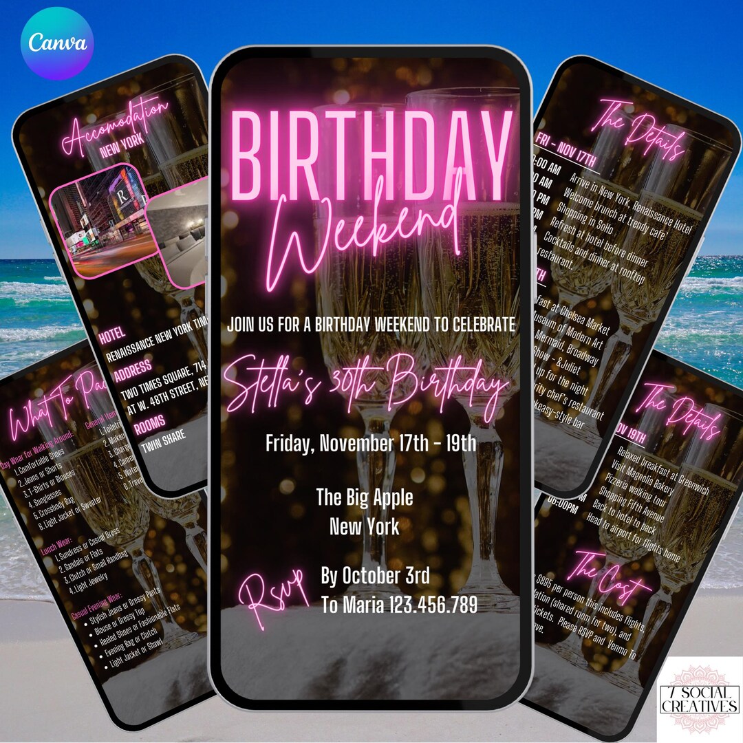Birthday Weekend Itinerary Invitation. Digital Pink and Champagne Theme ...