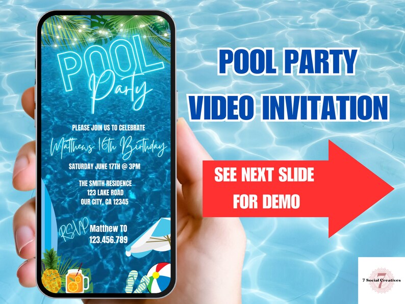 Blue Pool Party Birthday Invitation Video. Neon Beach Theme - Etsy