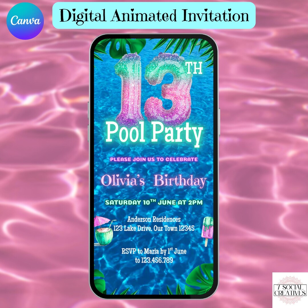 Girls 13th Pool Party Birthday Invite. Digital Animated Pink and Green ...