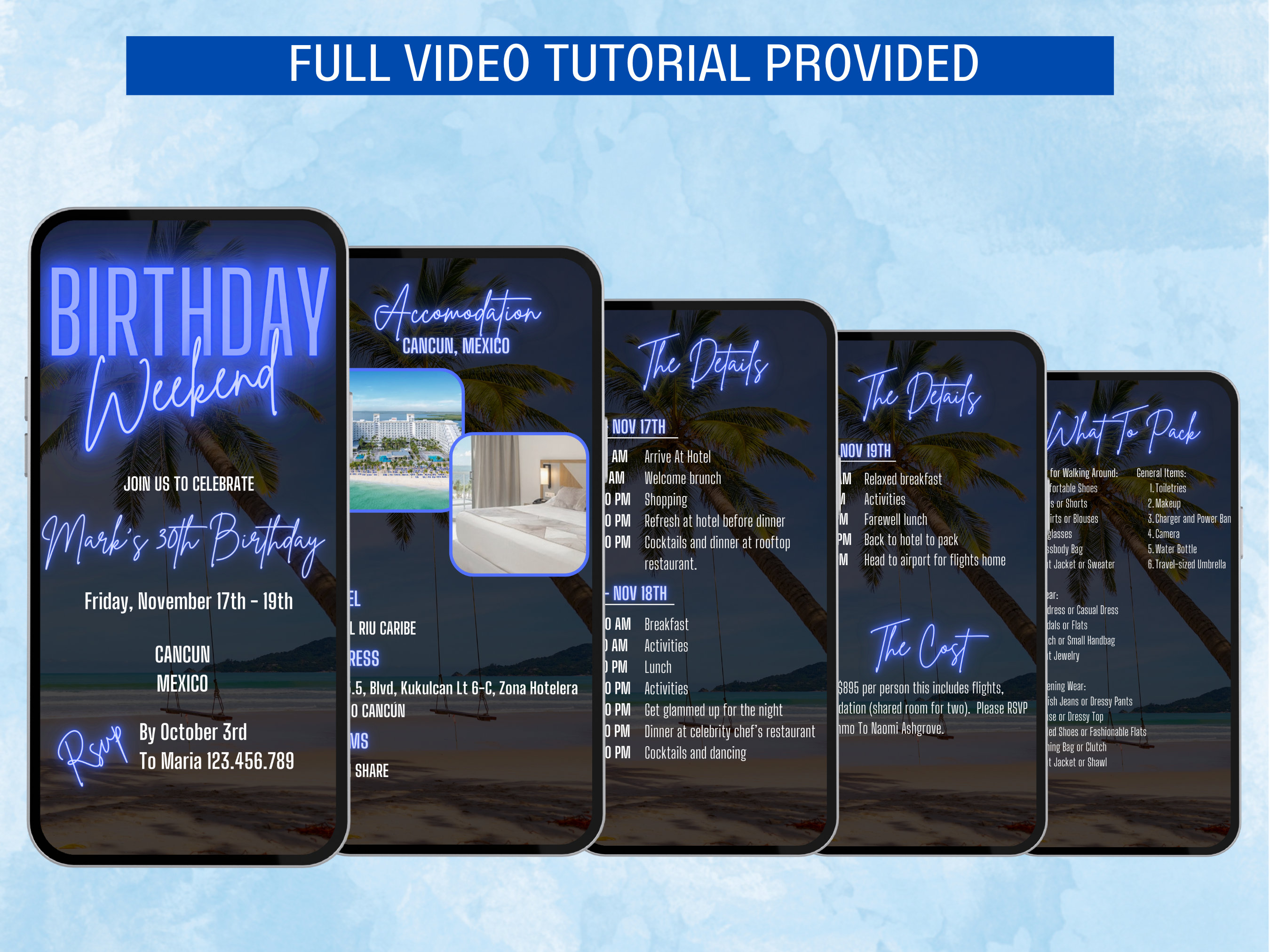 Blue Birthday Weekend Itinerary Template. Digital Tropical Beach Theme ...