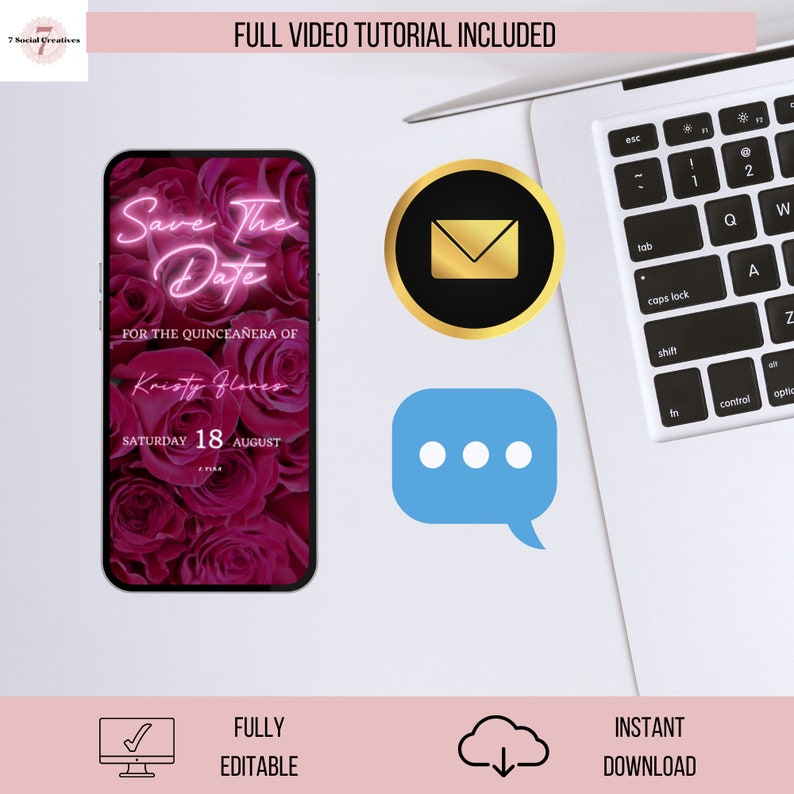 Quinceañera Save the Date Invite in Pink Floral and Neon. Digital ...