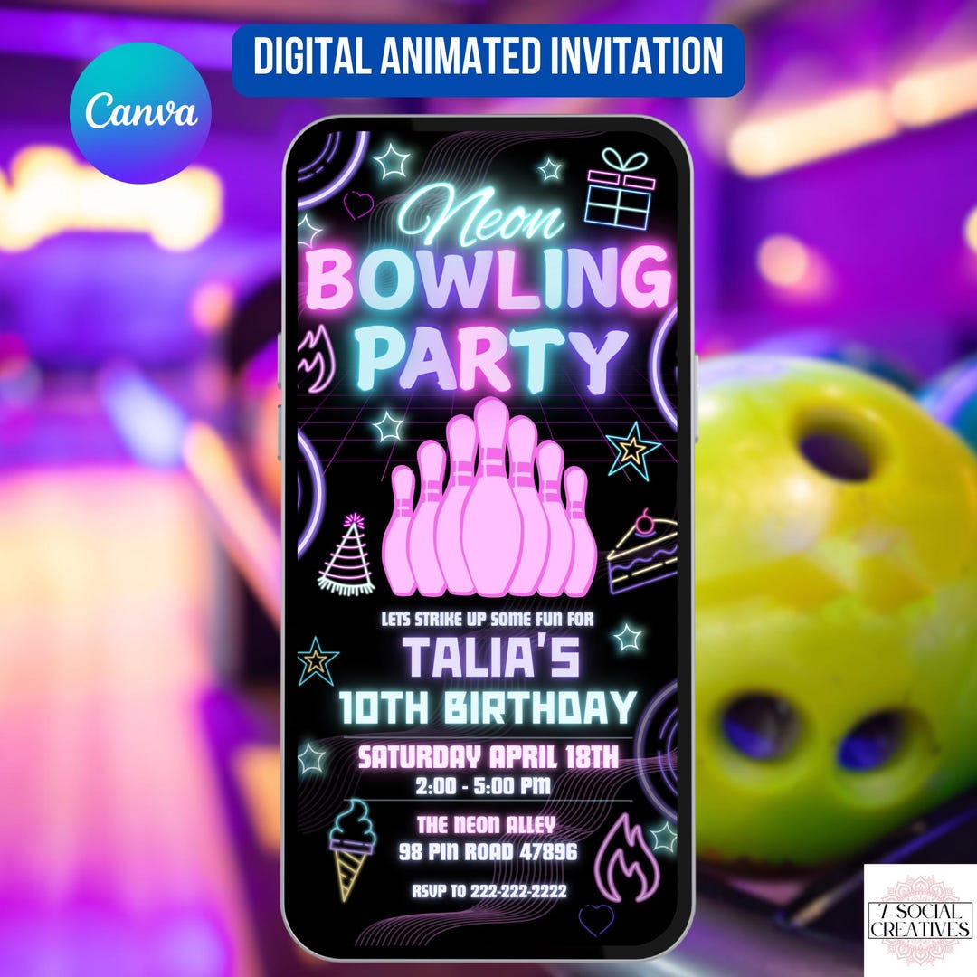 Neon Bowling Party Invitation. Digital Animated Pink Glow Bowling ...