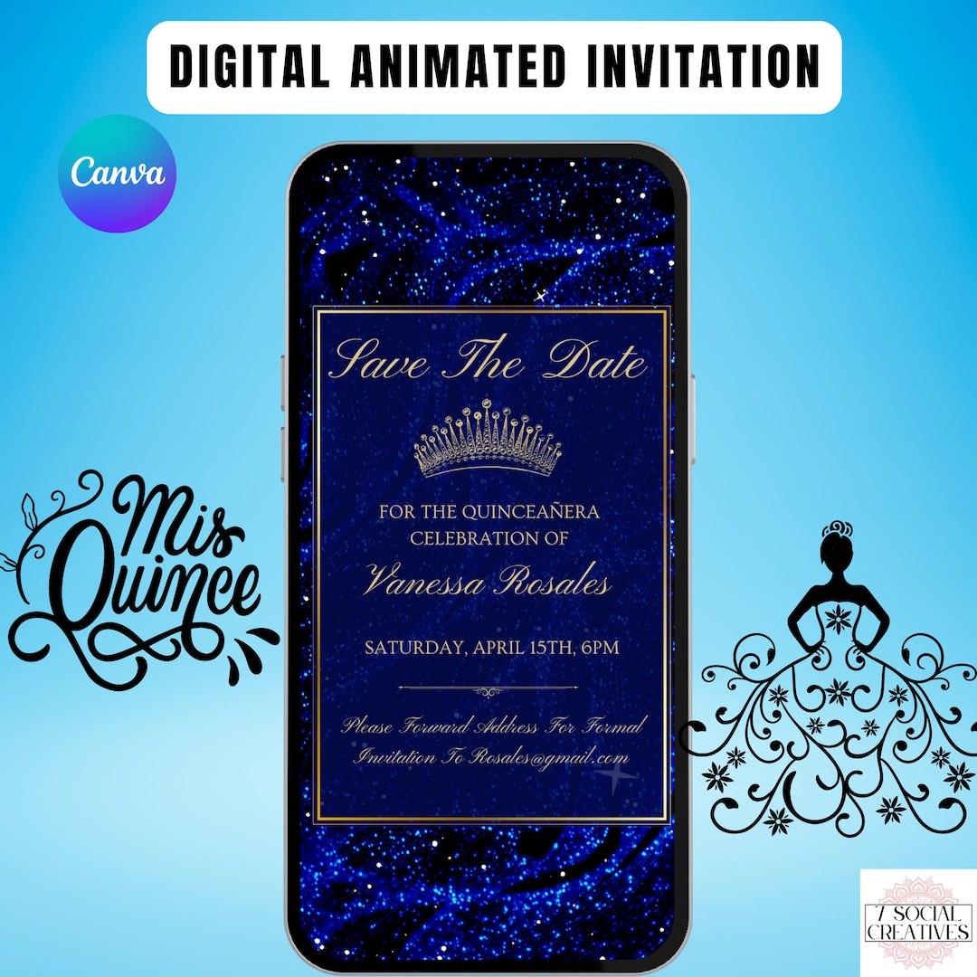 Quinceañera Save the Date Invite in Royal Blue and Gold. Digital ...
