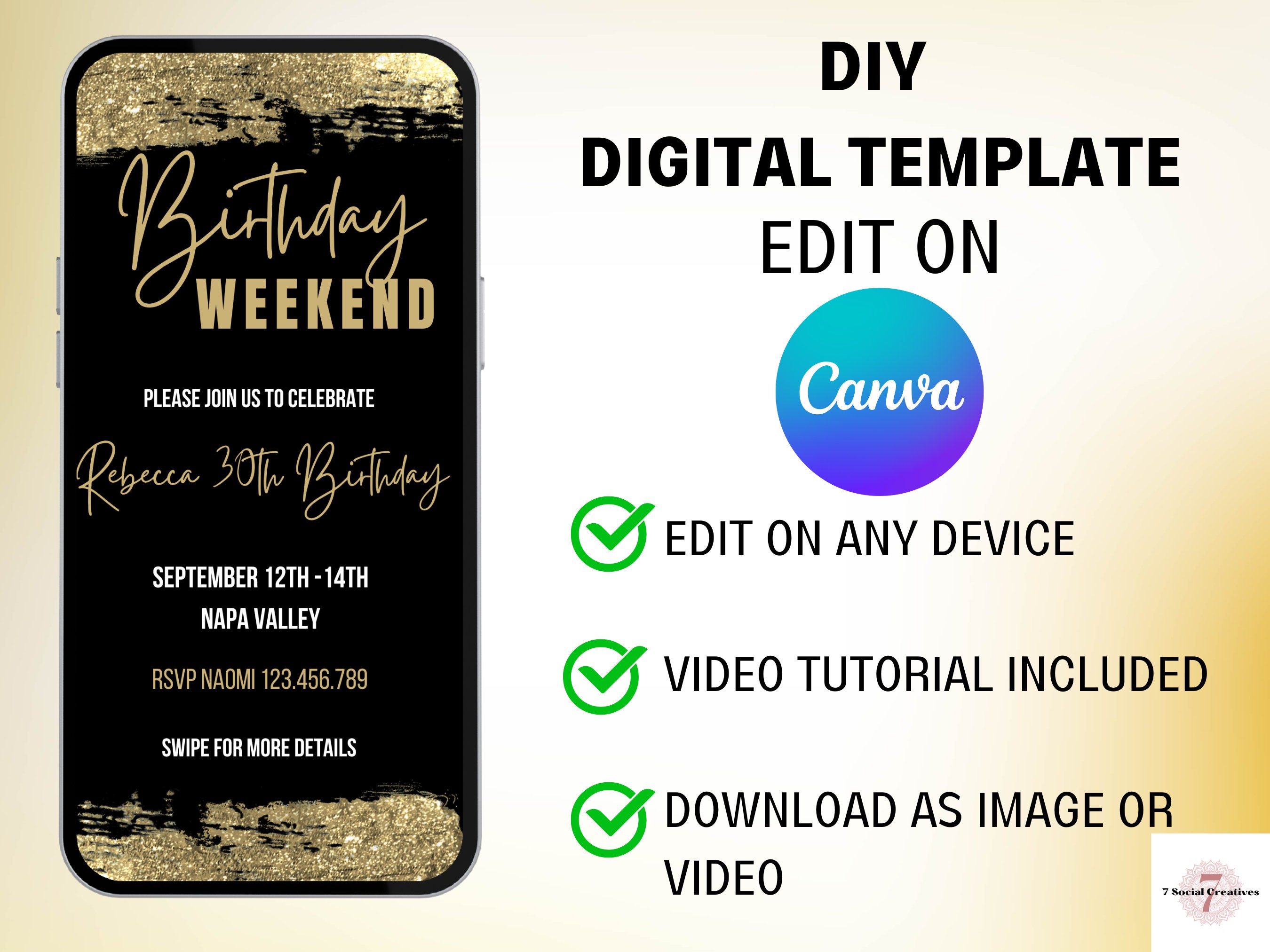 Birthday Weekend Itinerary Invitation Black and Gold. Digital Animated DIY Editable Template ...