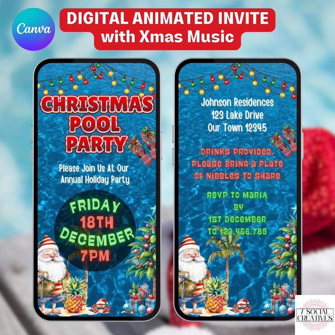 Christmas Pool Party Invitation. Digital Xmas Summer Invite With ...