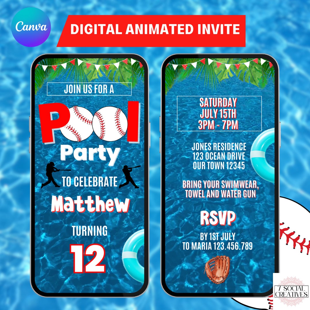 Digital Baseball Pool Party Invitation. Animated Sports Summer Birthday ...