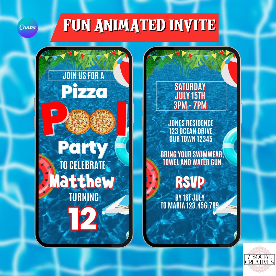 Pizza Pool Party Invitation. Digital Animated Teen, Kids or Adults ...