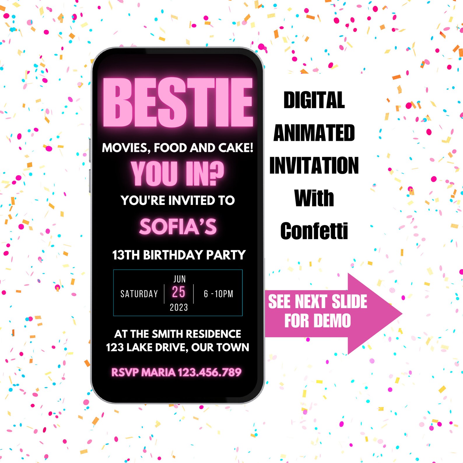 Teen Girls Invitation. Digital Tween Bestie Birthday Party Invite. Neon ...