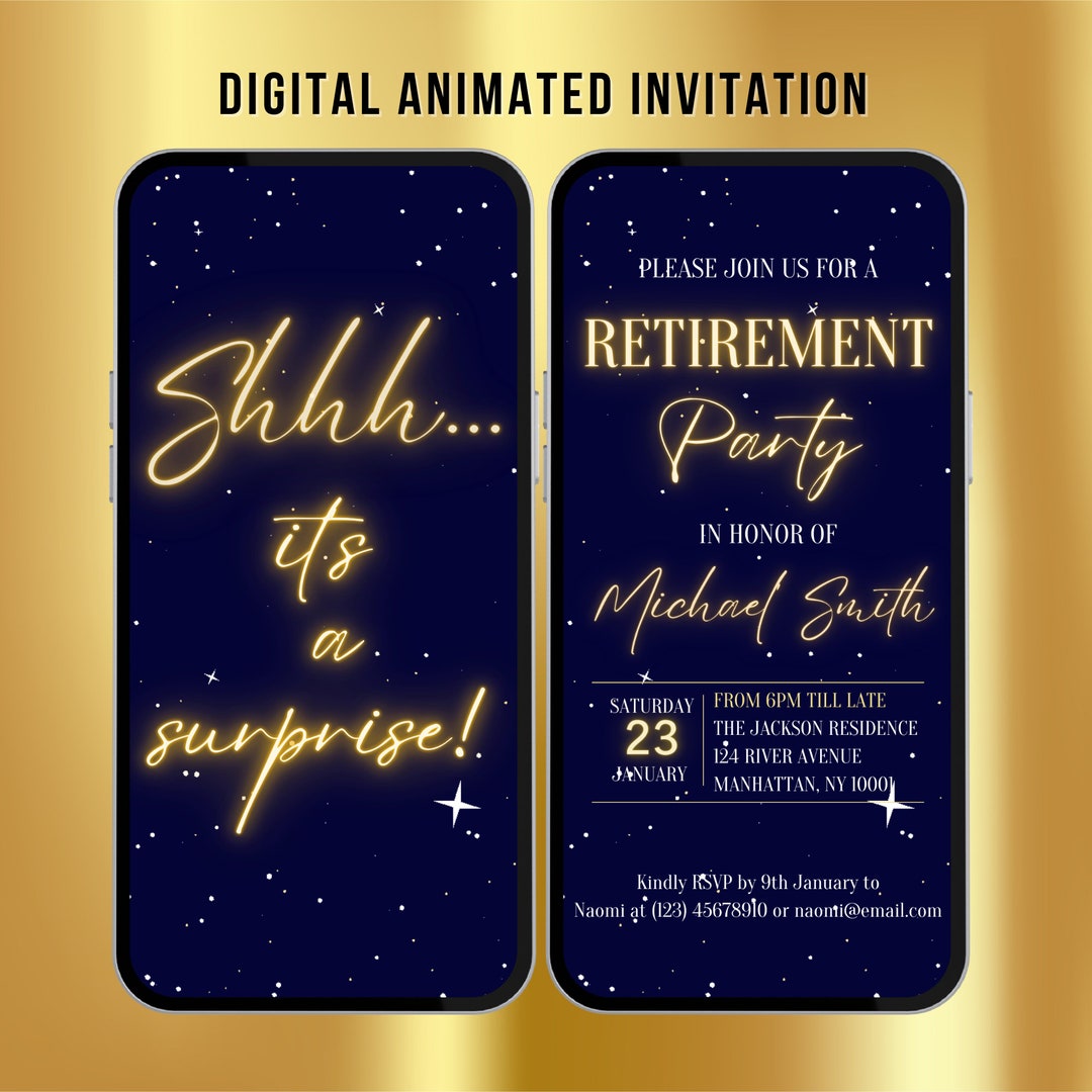 Surprise Retirement Party Invitation. Digital Navy Blue and Gold Neon ...