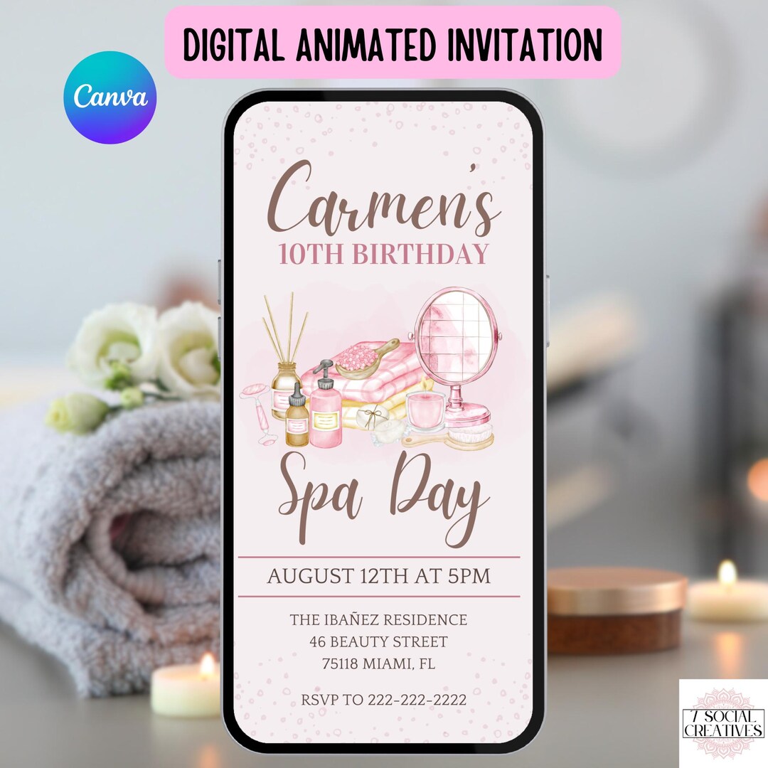 Spa Day Birthday Invitation. Digital Animated Girls Pamper Party Invite ...