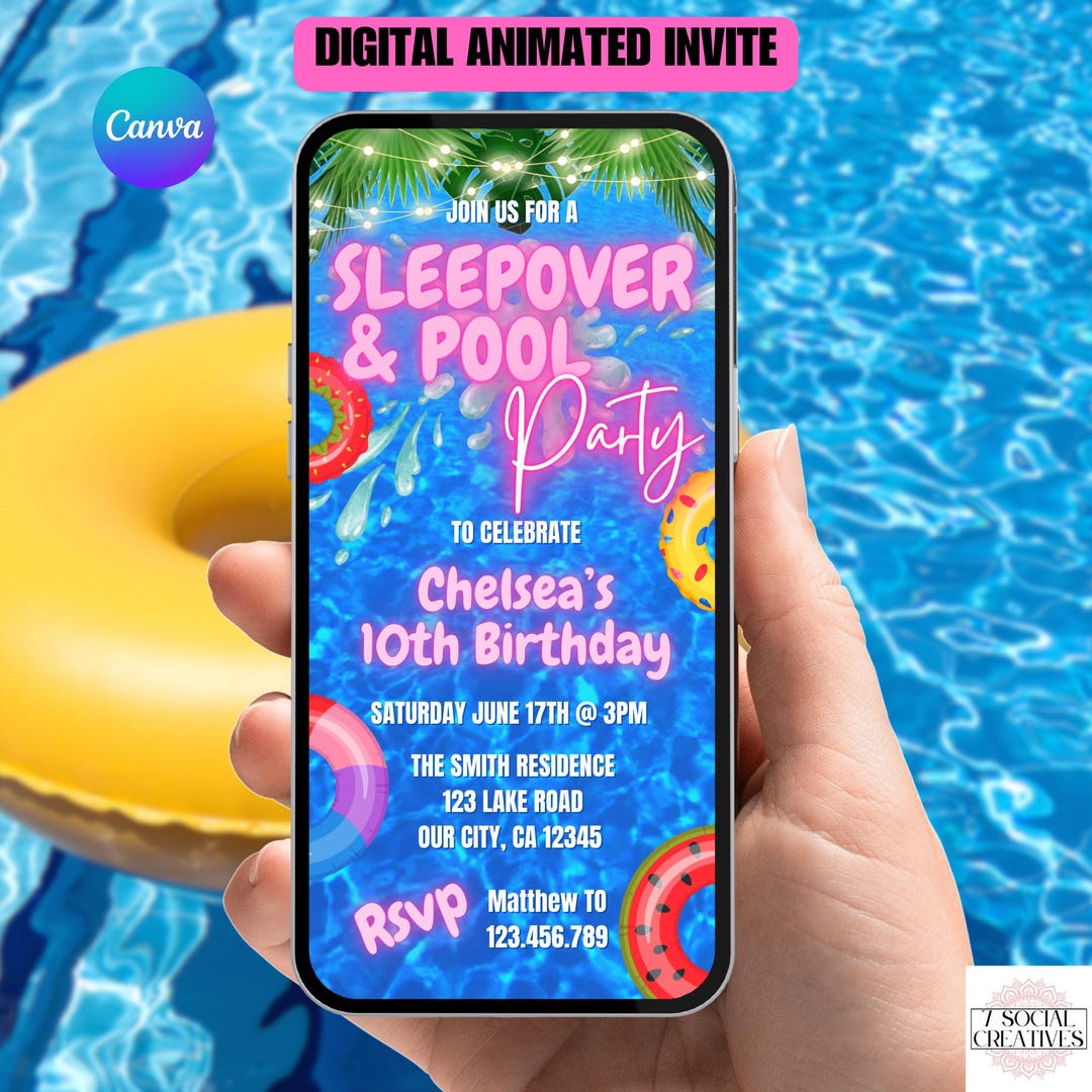 Sleepover and Pool Party Invitation. Digital Animated Girls Neon Pink ...