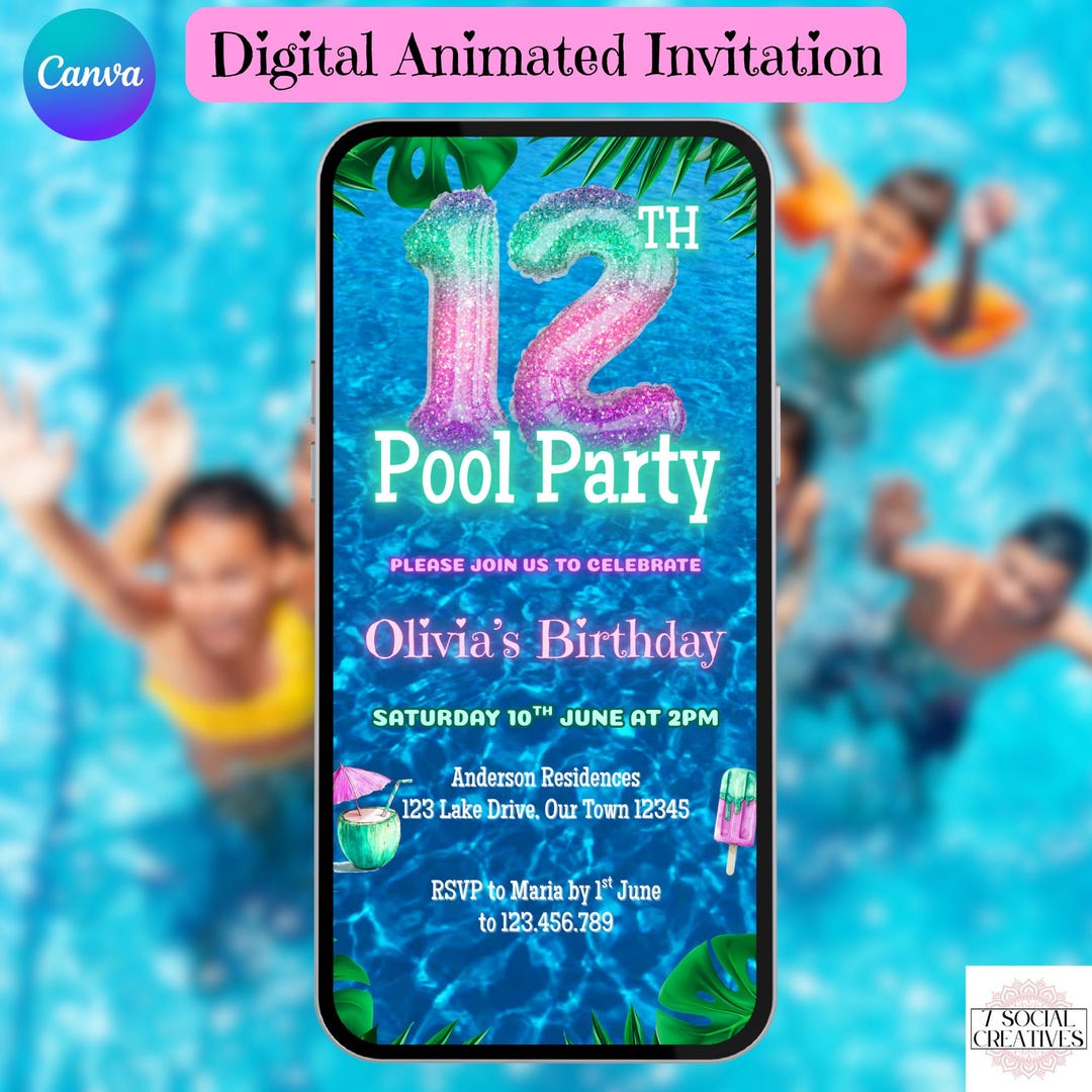 Girls 12th Pool Party Birthday Invite. Digital Animated Pink and Green ...