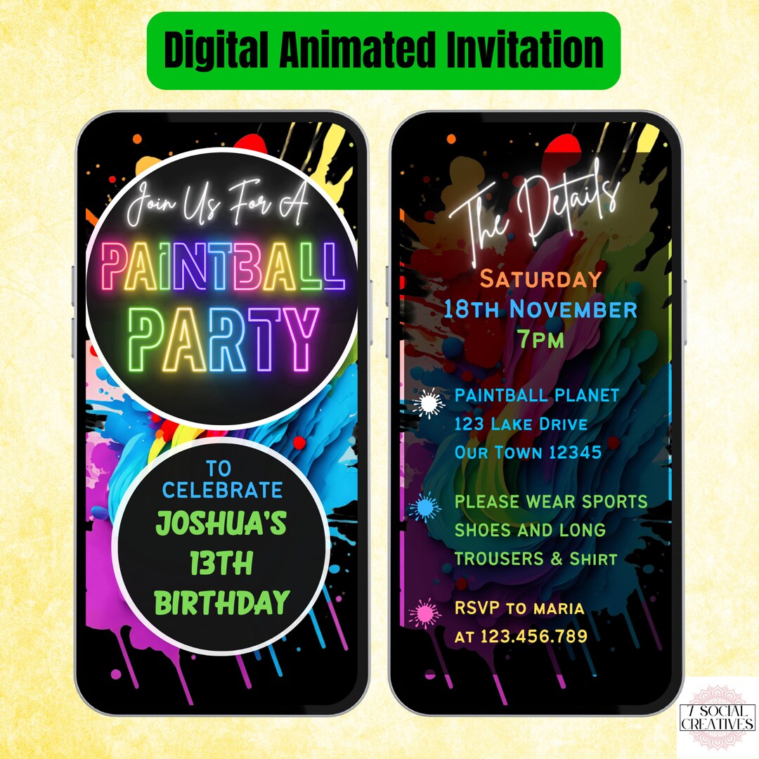 Paintball Party Invitation. Digital Animated Paint Ball Birthday Invite ...