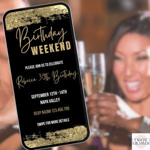 Birthday Weekend Itinerary Invitation Black and Gold. Digital Animated ...