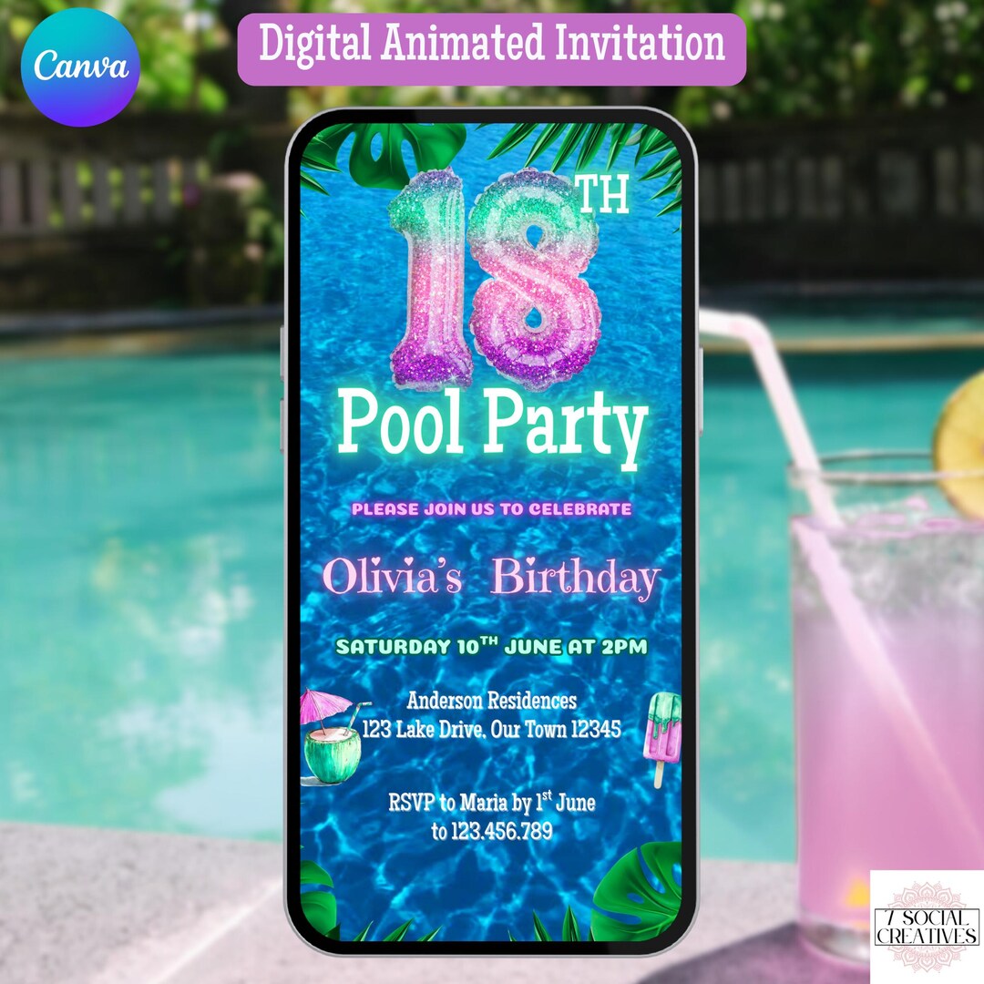 Girls 18th Pool Party Birthday Invite. Digital Animated Pink and Green ...
