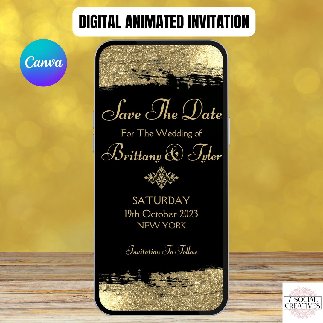 Digital Wedding Save the Date Invitation in Black and Gold. Elegant ...