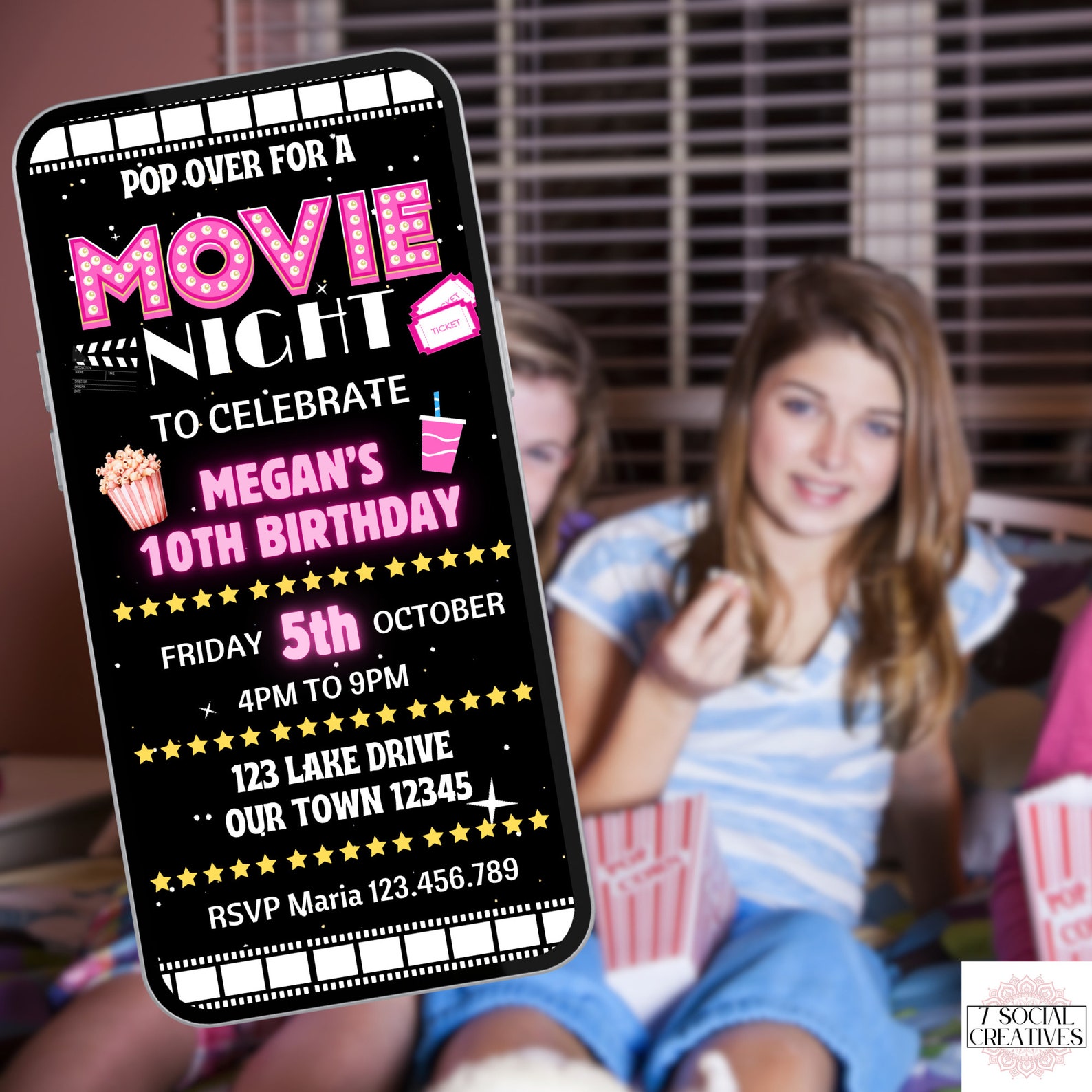 Girls Movie Night Birthday Invitation. Digital Animated Pink Movie ...