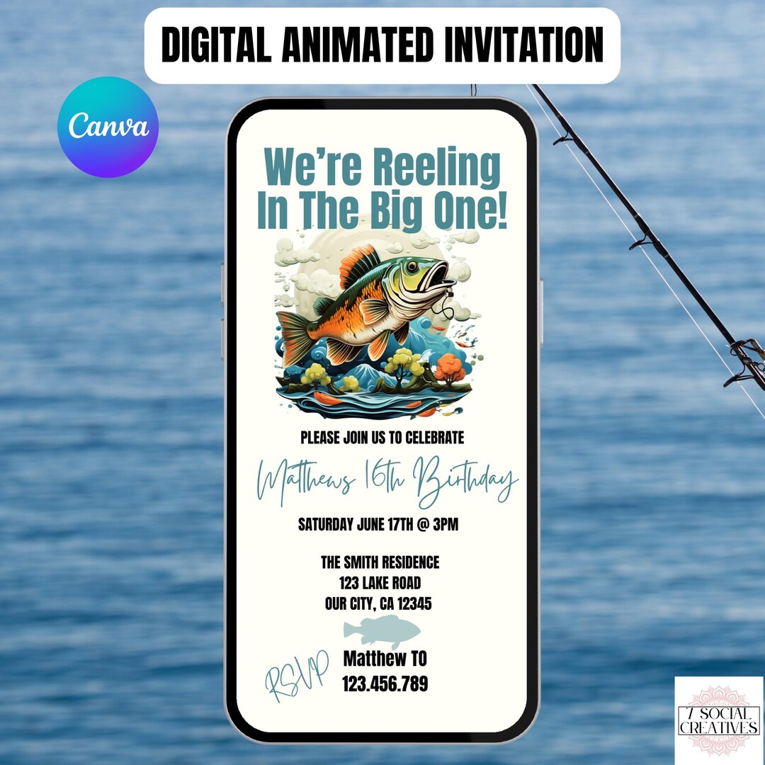 Fishing Party Invite. Mens or Boys Animated Digital Birthday Invitation ...