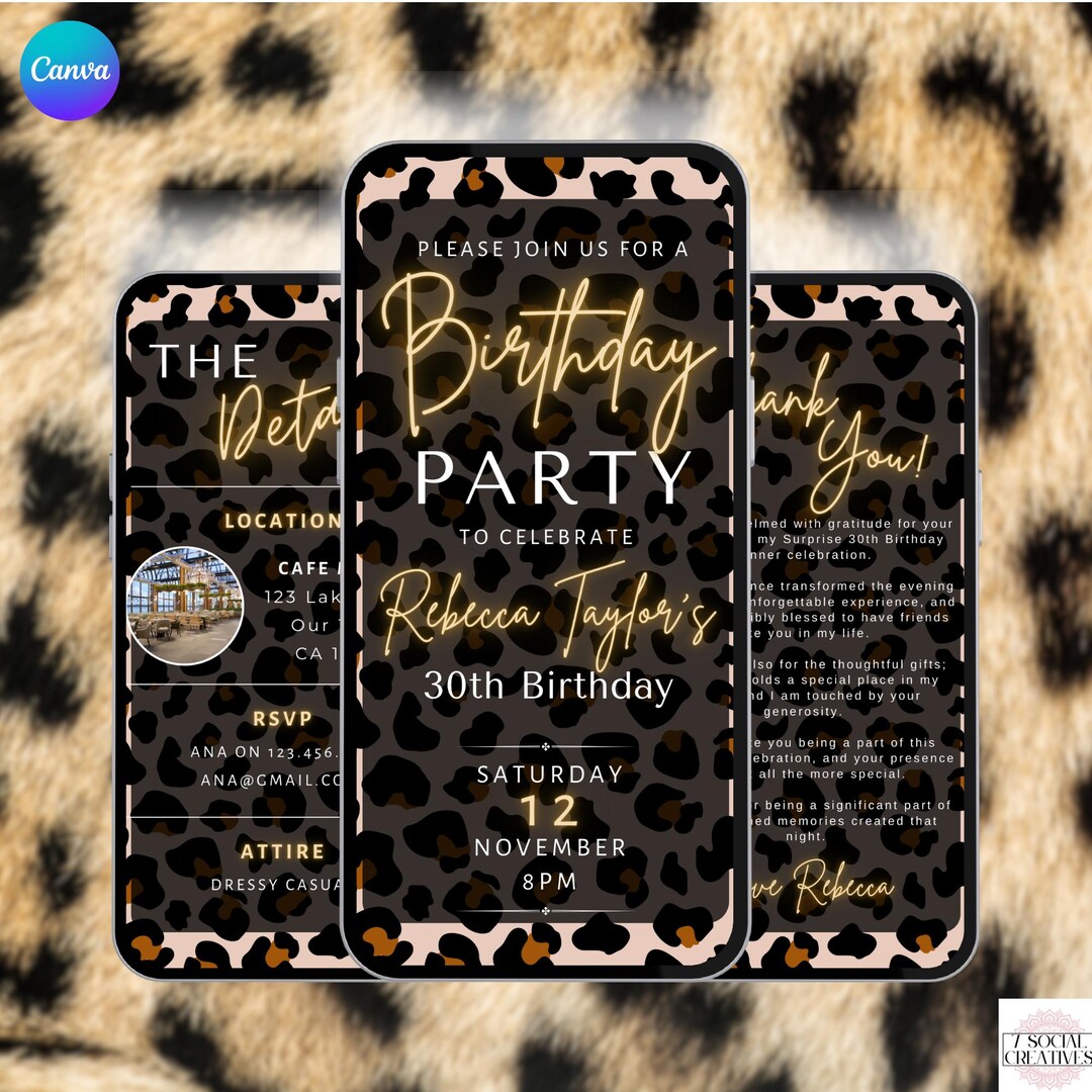 Leopard Birthday Party Invitation. Digital Animated Any Age Men or ...