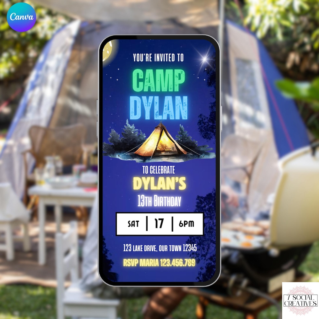 Boys Camping Birthday Invitation. Digital Animated Blue Backyard Camp ...