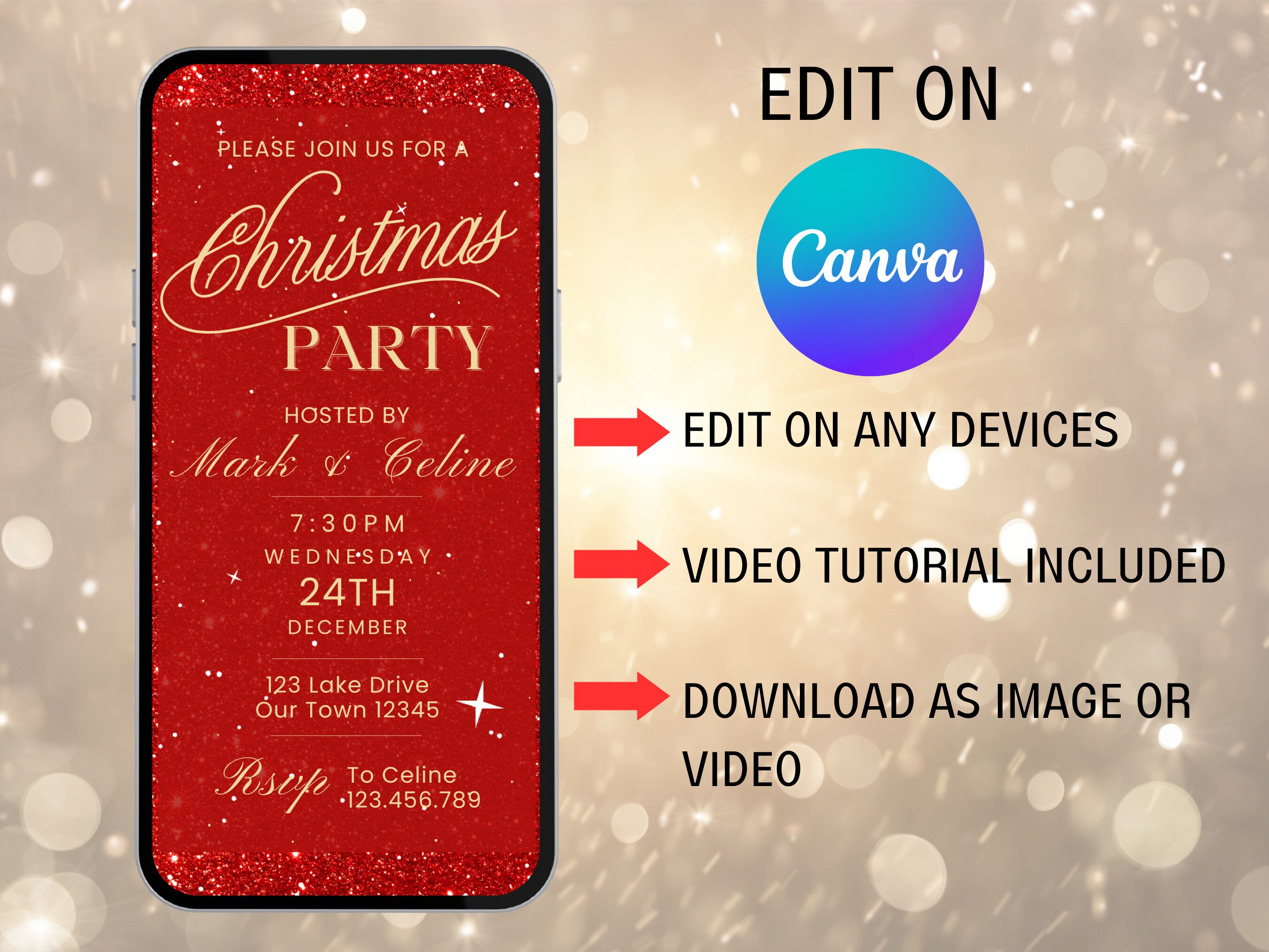 Red Christmas Party Invitation. Animated Invite With Xmas Music ...