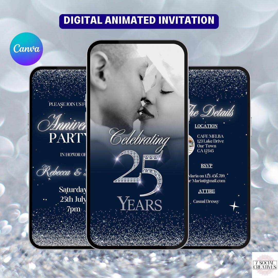 25th Wedding Anniversary Invite. Elegant Digital Silver and Navy Blue ...