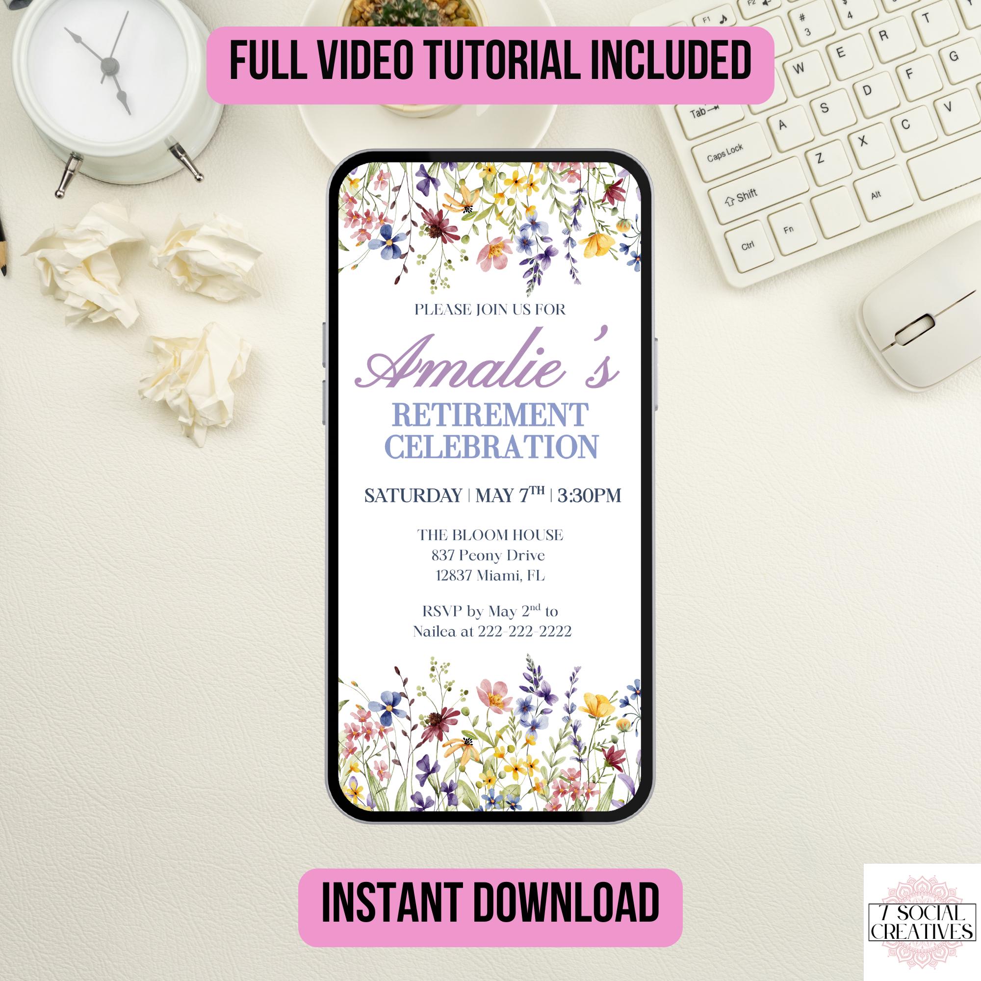 Wildflower Retirement Invitation. Digital Animated Woman's Ladies ...