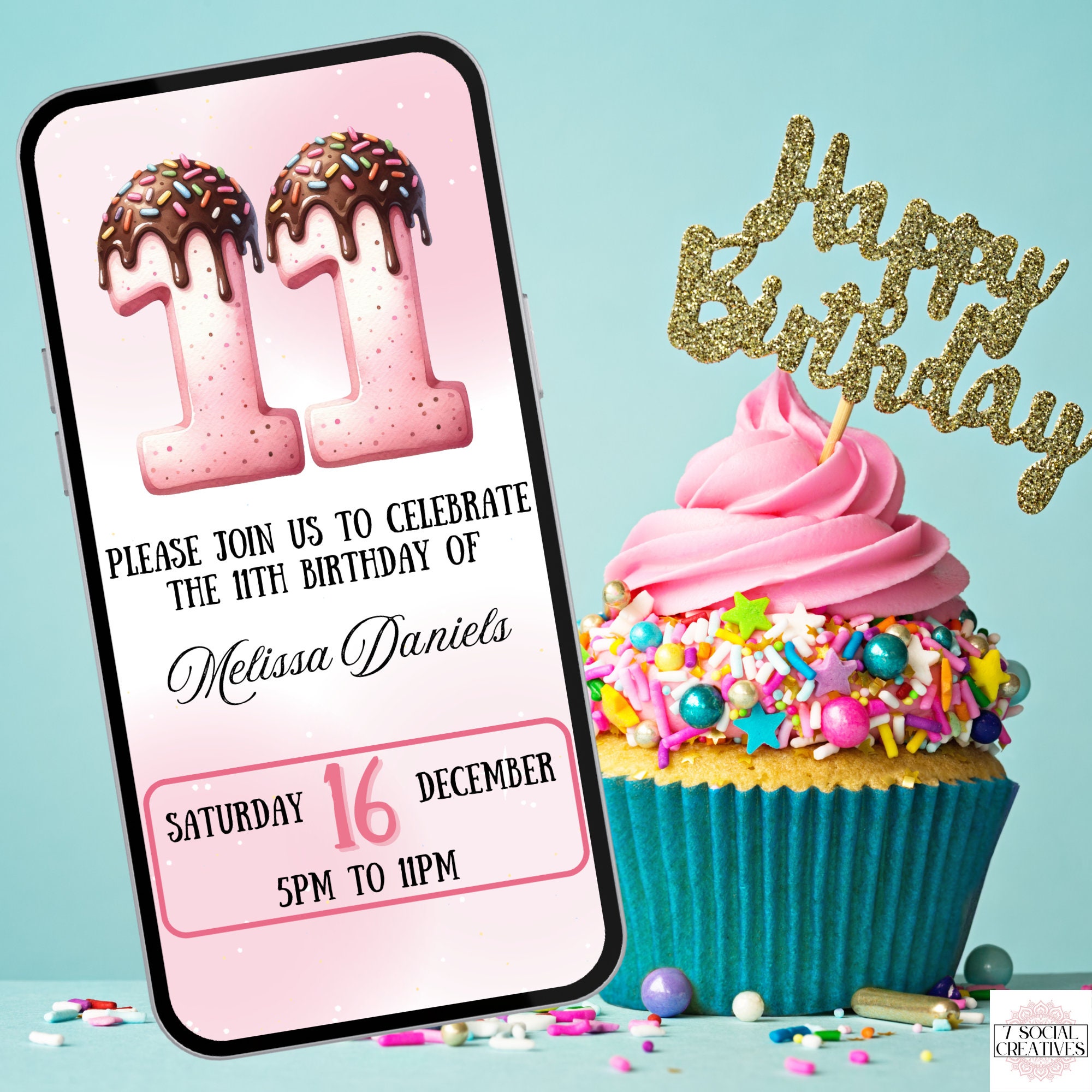 Girls 11th Birthday Party Invitation. Digital Animated Fun Donut Theme ...