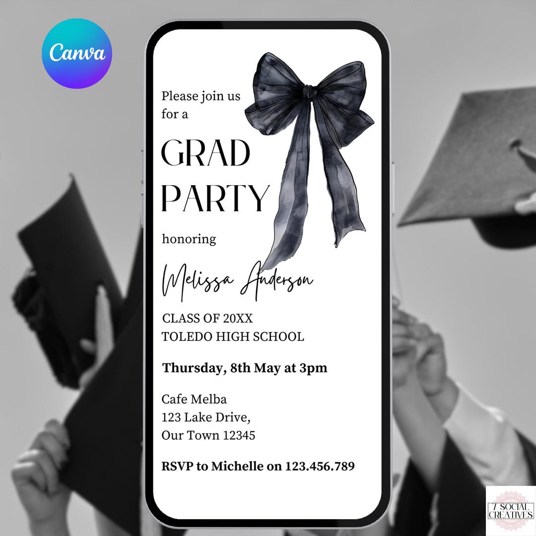 Grad Party Invite. Digital Animated Black Bow Theme High School or ...
