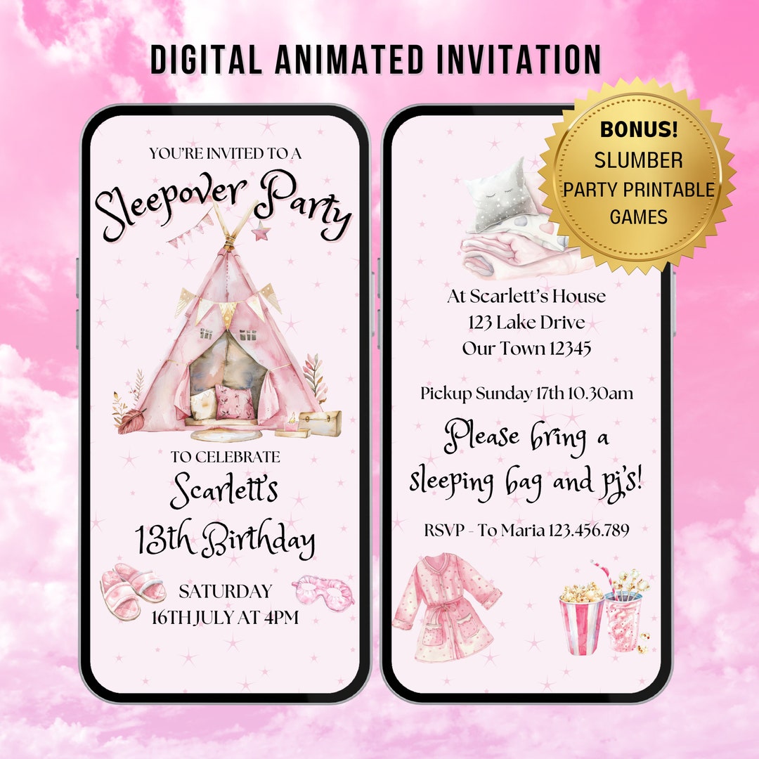 Pink Sleepover Party Invitation. Digital Animated Girls Birthday ...