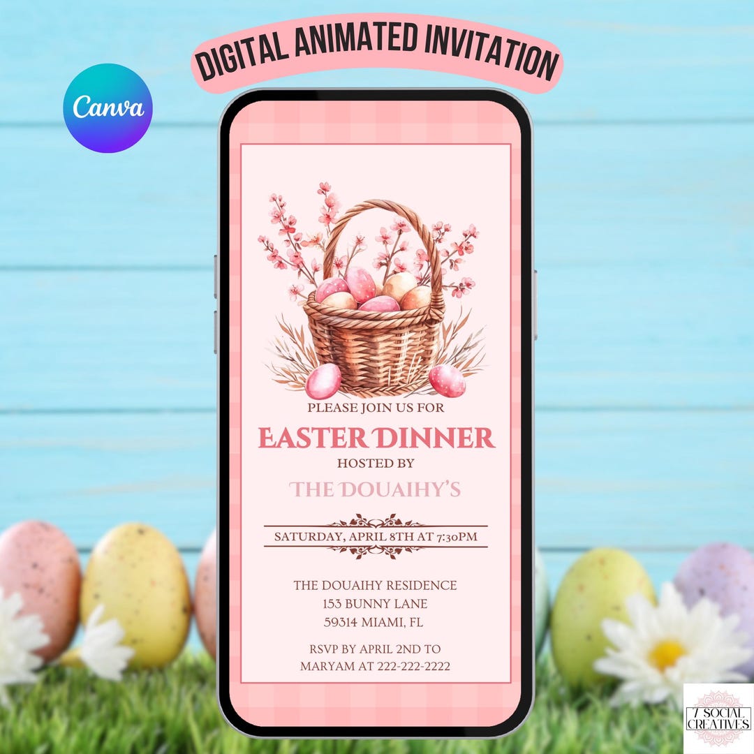 Easter Dinner Invitation. Digital Animated Spring Pink Family and ...