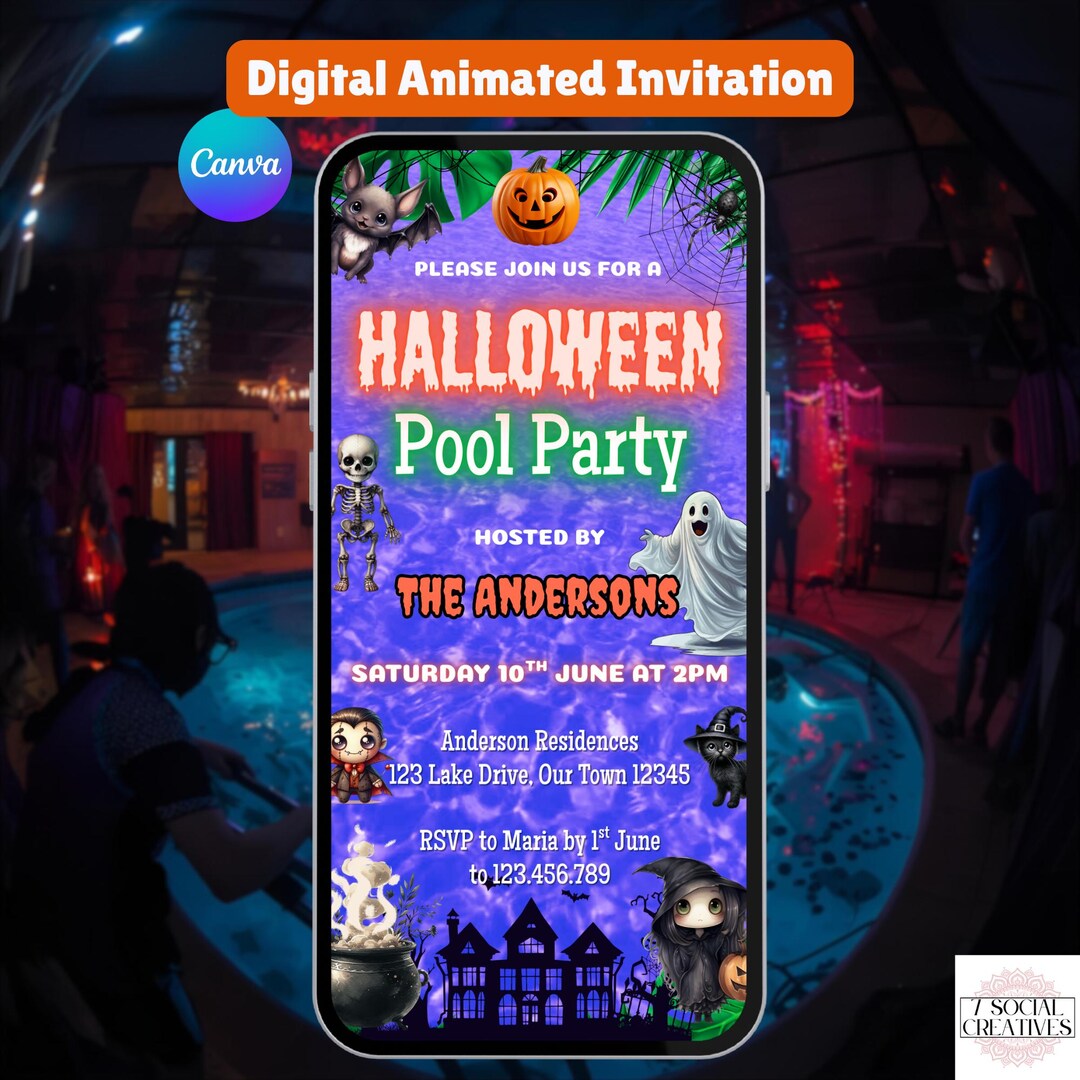 Halloween Pool Party Invitation. Digital Fun Kids Swimming Invite With ...